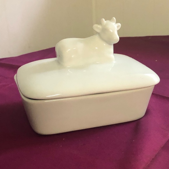 Kitchen | Vintage Cow Block Butter Cheese Dish White Glazed Farm House ...